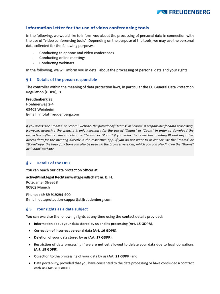 Freudenberg Privacy-Policy Video-conferencing-Tools Teams Zoom | PDF ...