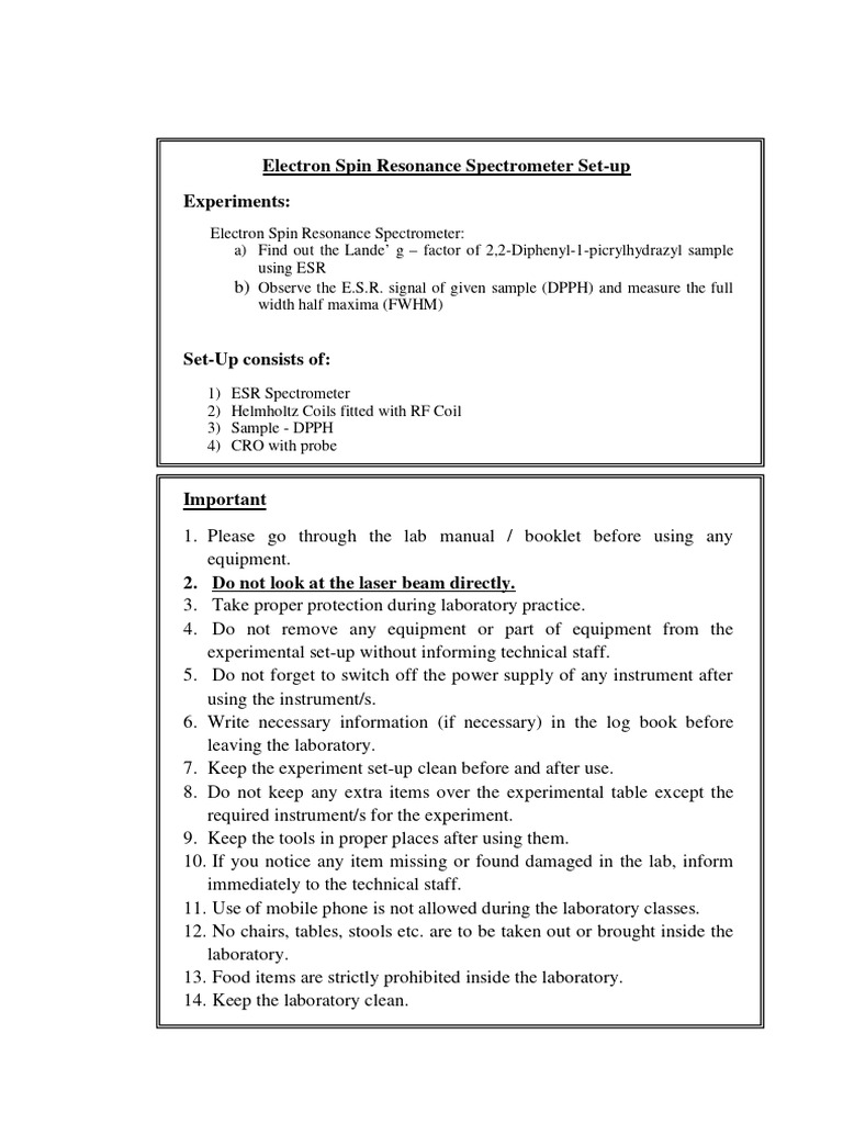 Electron Spin Resonance Spectrometer Set-Up Experiments | PDF