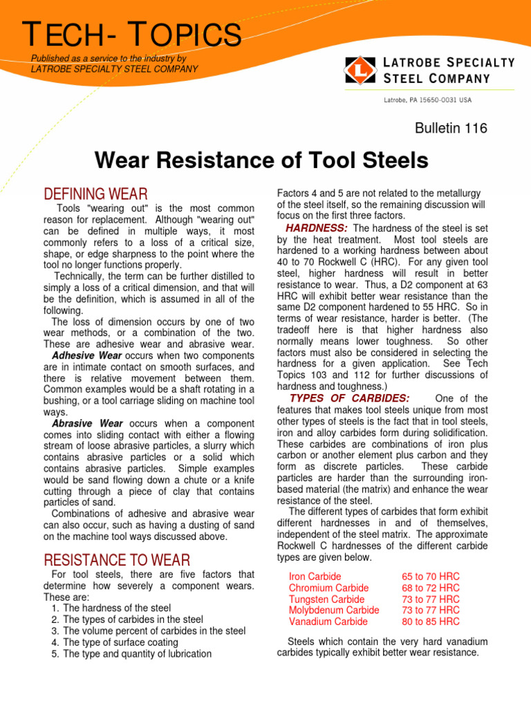 Wear Resistance of Tool Steels Bulletin - 116 | PDF | Wear | Steel