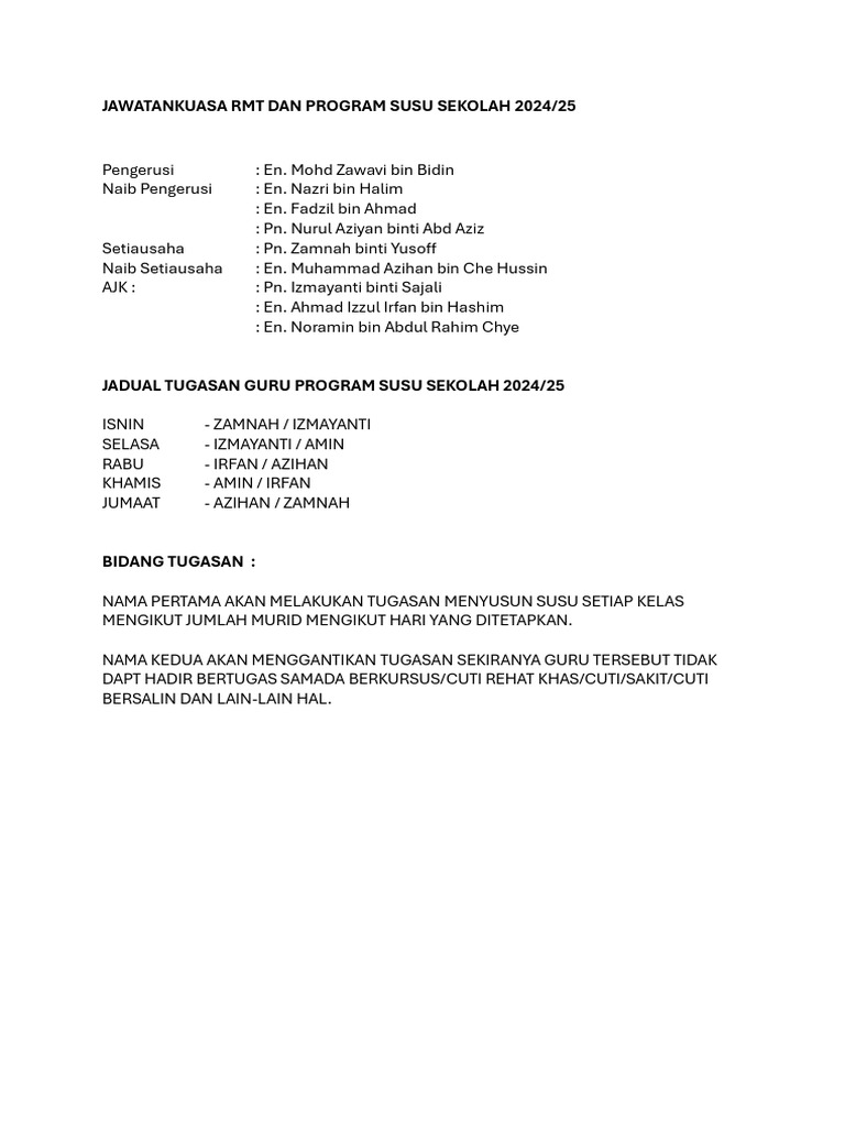 Jawatankuasa RMT Dan Program Susu Sekolah | PDF