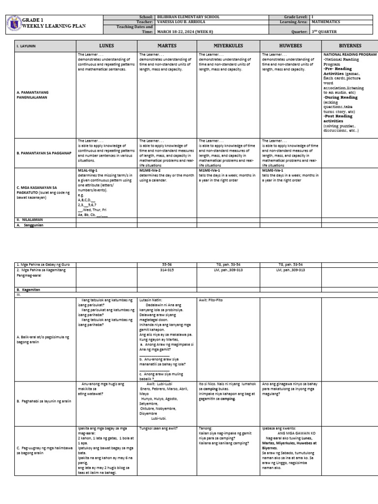 DLL Mathematics-1 Q3 W8 | PDF | Learning | Differentiated Instruction