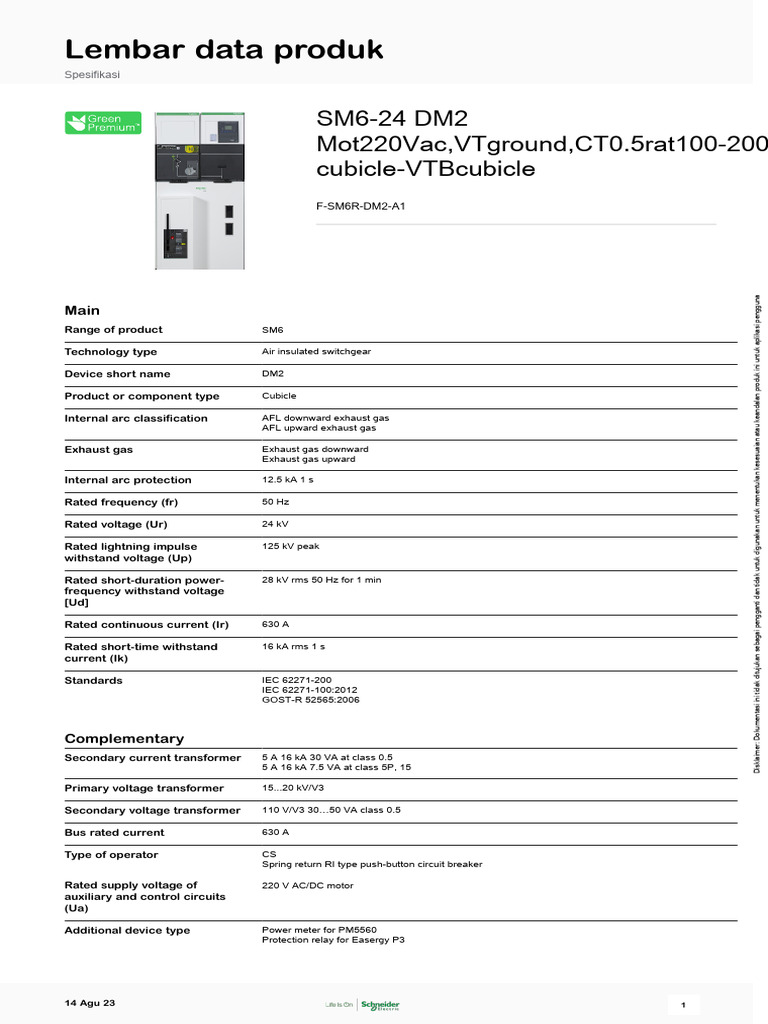 Lembar Data Produk: Sm6-24 Dm2 Mot220Vac, Vtground, Ct0.5Rat100-200, T20, Pm5560,2Ctb Cubicle ...