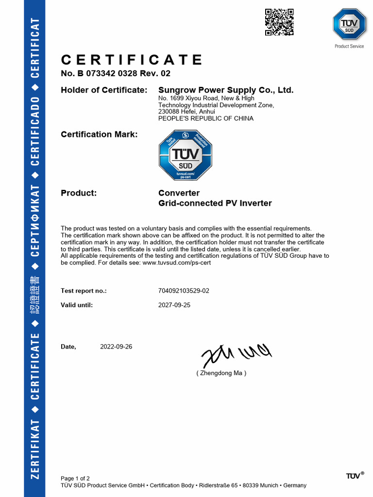 SG285HX - SG320HX - SG333HX - SG350HX IEC 62109-1 and IEC 62109-2 TUV MARK Certificate ...