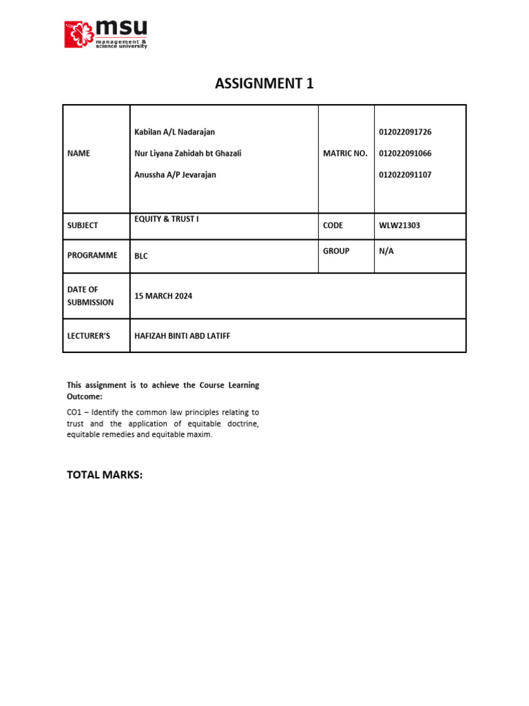 Assignment 1 (Equity & Trust) | PDF | Equity (Law) | Legal Remedy