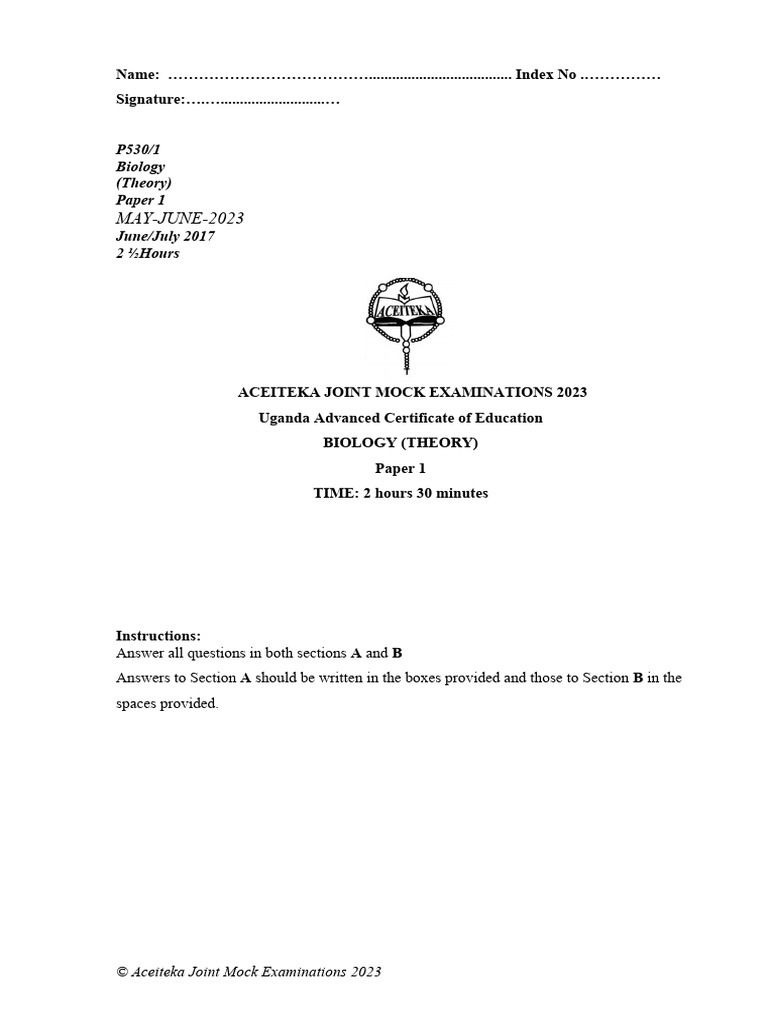 S6 Aceiteka 2023biology P1 | PDF | Biology