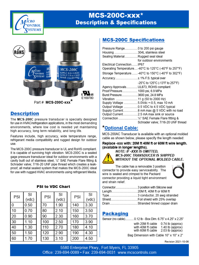 MCS-200C Spec Sheet | PDF | Electrical Connector | Pressure Measurement