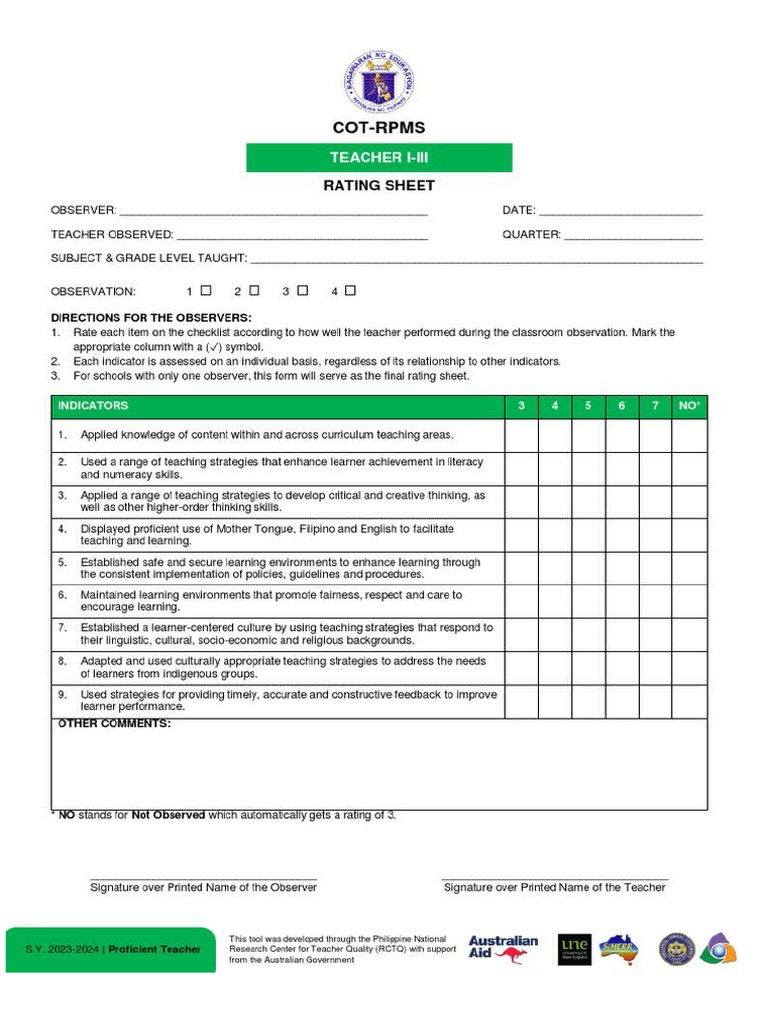 COT-rating Sheet 2023-2024 | PDF