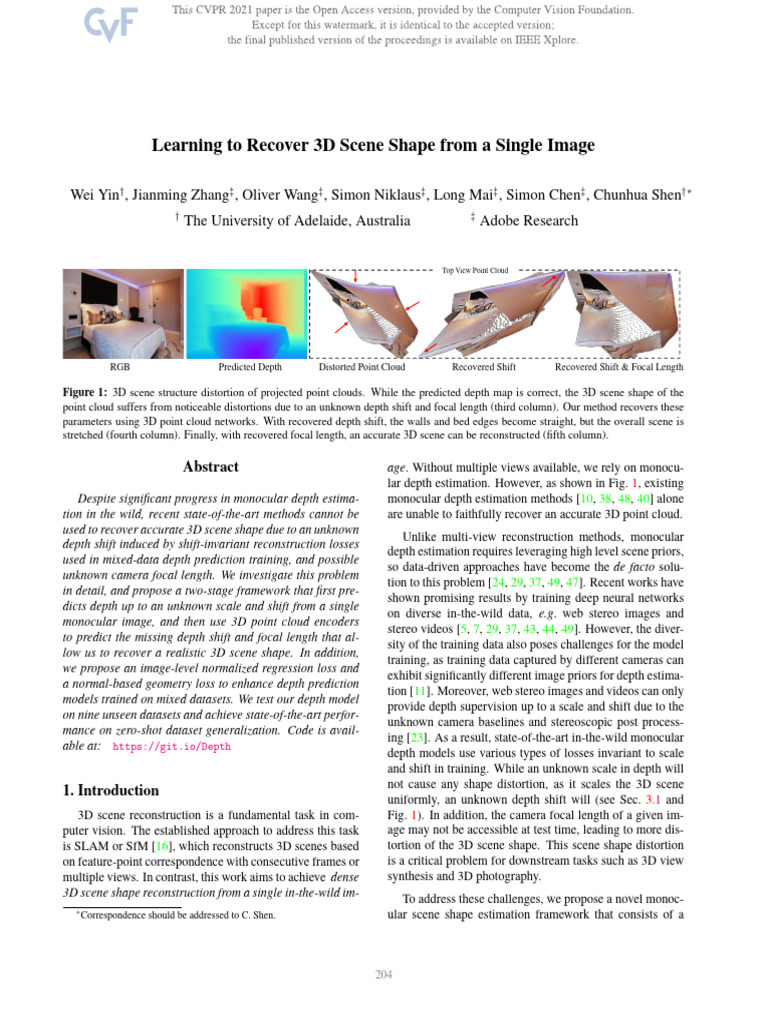 Yin Learning to Recover 3D Scene Shape From a Single Image CVPR 2021 Paper | PDF | Regression ...