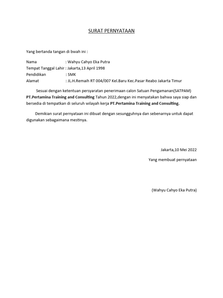 Surat Pernyataan PTC | PDF