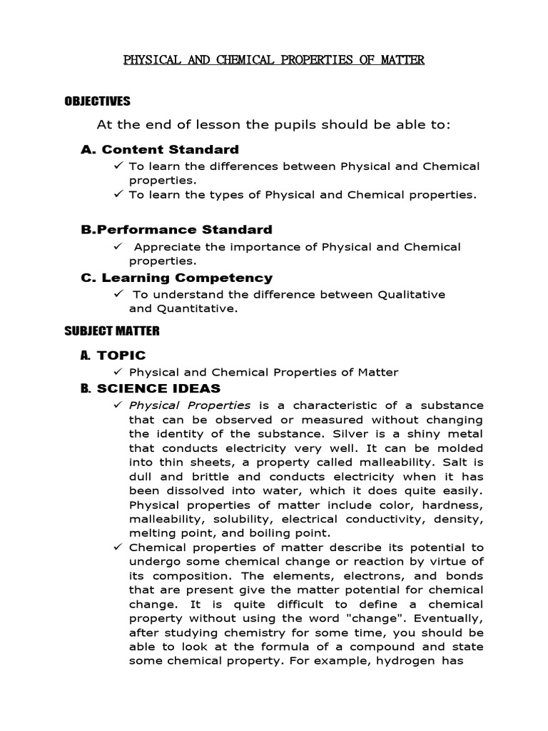 PHYSICAL AND CHEMICAL PROPERTIES OF MATTER {DLP} | PDF | Chemistry | Matter