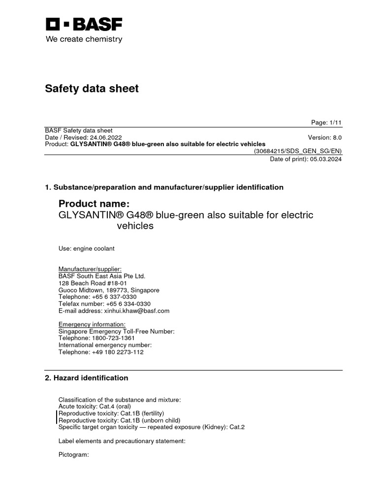 GLYSANTIN+G48+bg+BR 000000000030684215 SDS GEN SG en 8-0 | PDF | Toxicity | Occupational Safety ...