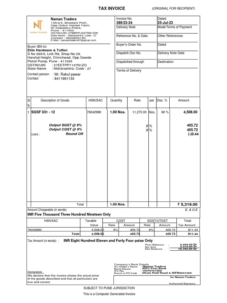 Tax Invoice: Naman Traders 389/23-24 25-Jul-23 | PDF | Public Finance ...