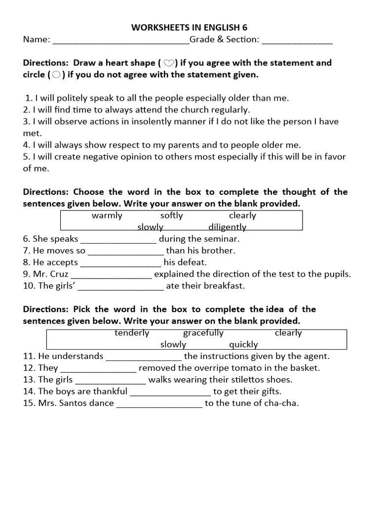 WORKSHEETS IN ENGLISH 6 Today | PDF | Language Arts & Discipline
