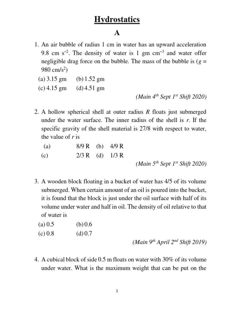 Hydrostatics paper 1 | PDF | Buoyancy | Density