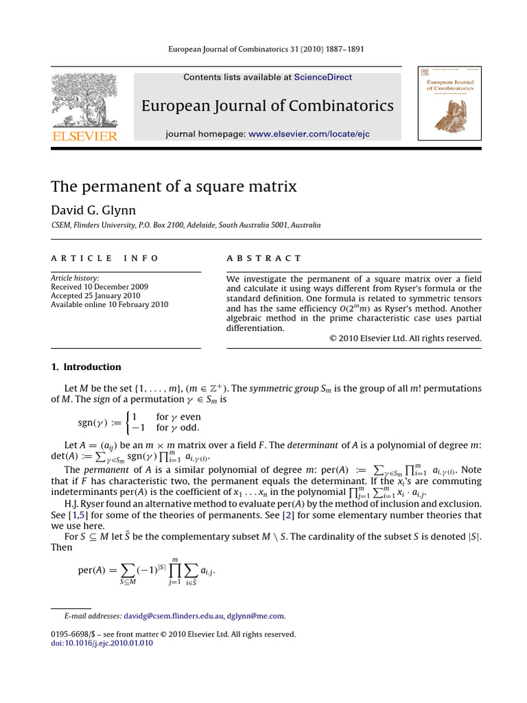 European Journal of Combinatorics: David G. Glynn | Download Free PDF | Matrix (Mathematics ...