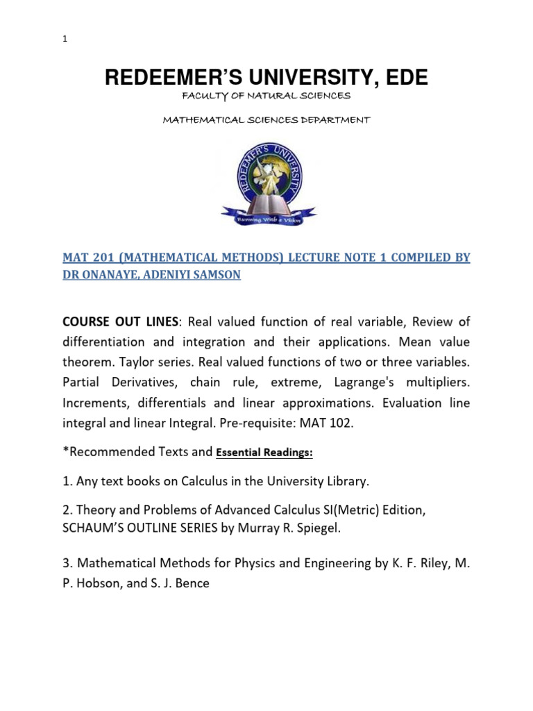 MAT 201 Lecture Note by DR Onanaye, A. S. | PDF | Function (Mathematics ...