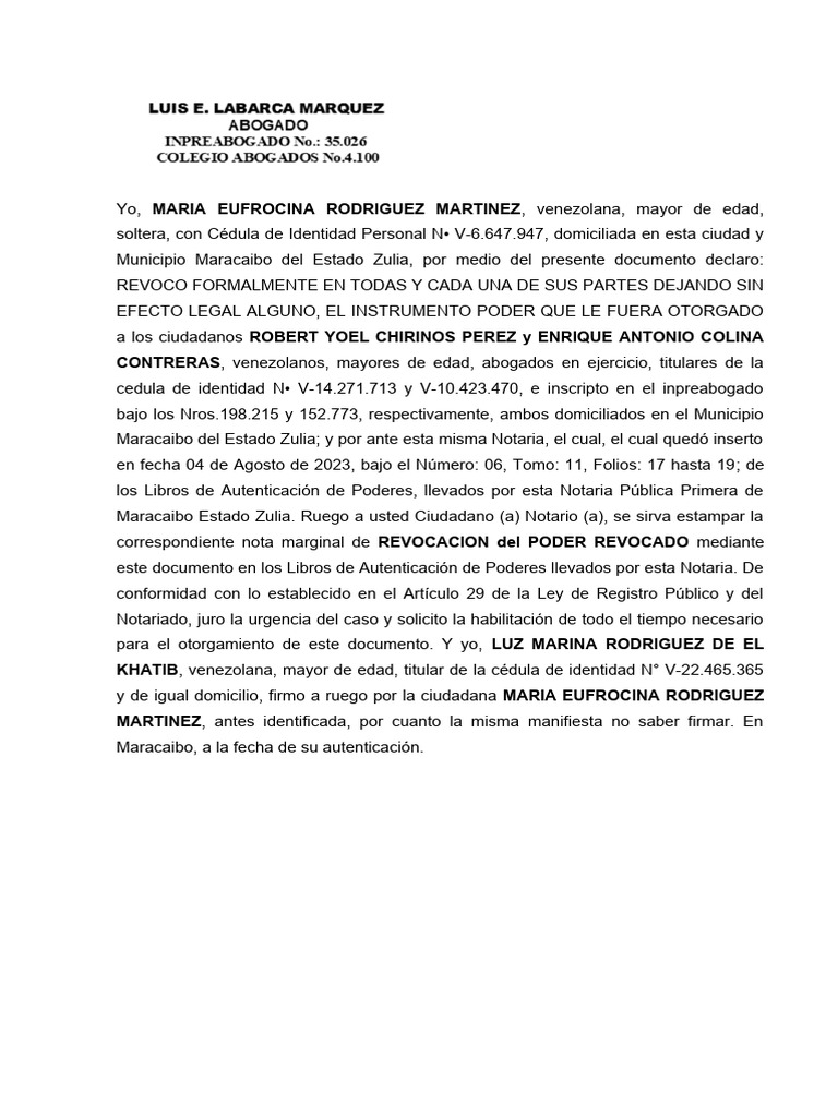 Maria Eufrosina Rodriguez - Luz Marina Rodriguez - Revocamiento de ...