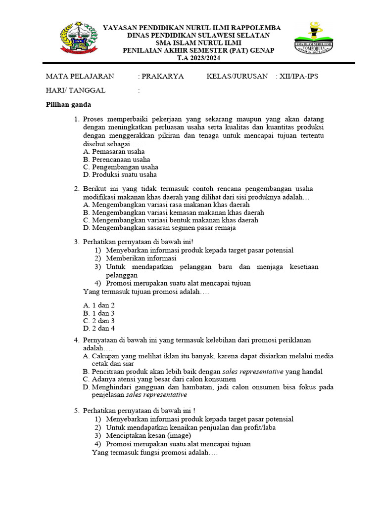 SOAL PKWU KELAS XII PAT SEMESTER GENAP 2024 | PDF