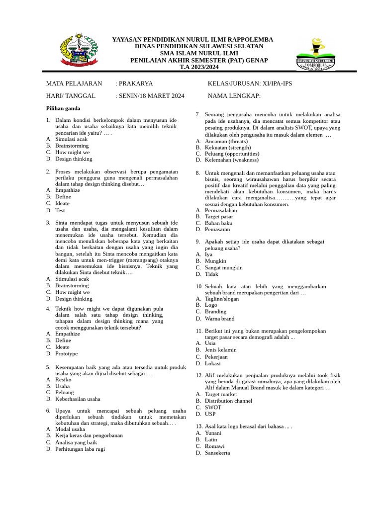 LEMBAR SOAL PKWU KELAS XI PAT SEMESTER GENAP 2024 - Google Dokumen | PDF