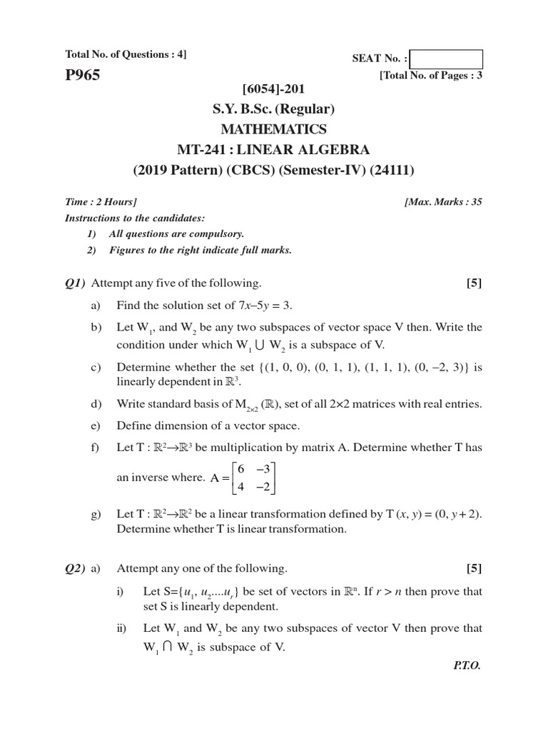S.y.b.sc (Sem. - IV) 2019 Pattern | PDF | Linear Map | Linear Subspace