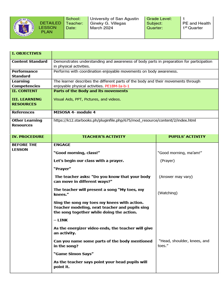 Body Awareness Lesson Plan for PE | PDF | Teachers | Foot