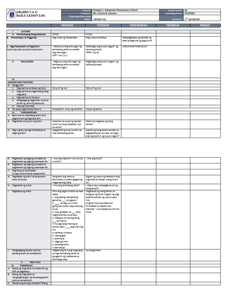 DLL - Filipino 3 - Q2 - W10 | PDF