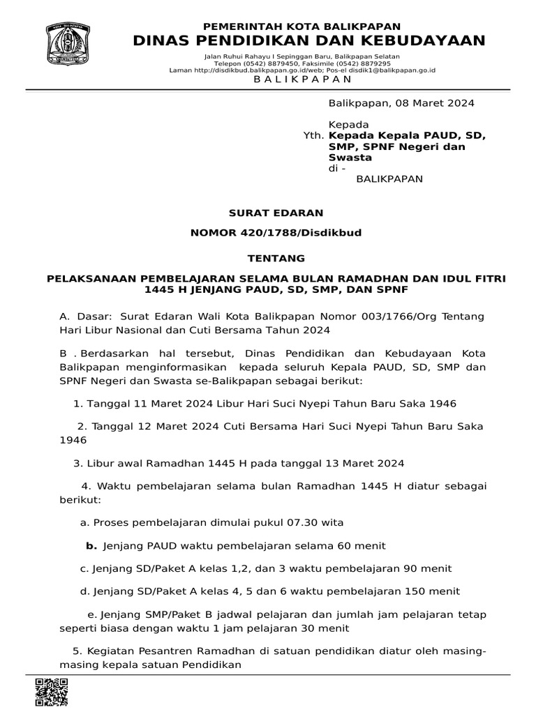 Surat Edaran Pembelajaran Bulan Ramadhan 1445h | PDF