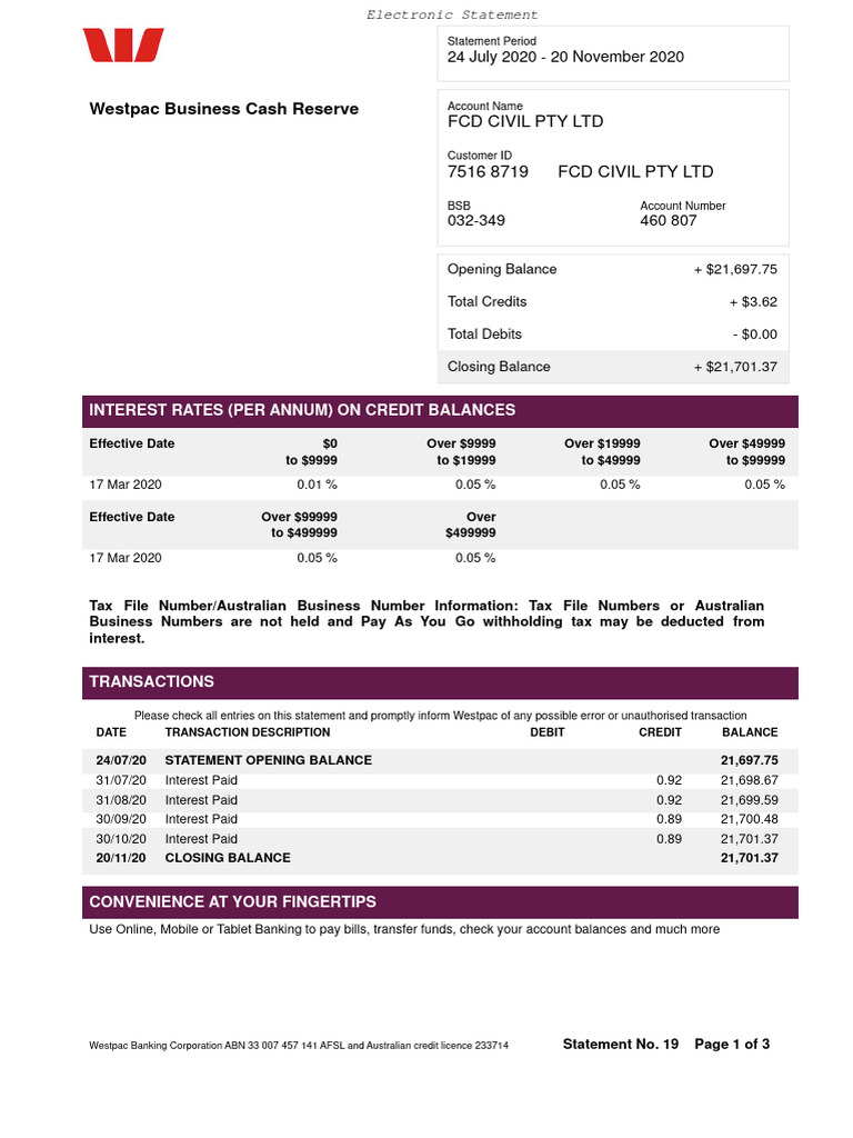 FCD Westpac Business Bank Savings Statement | PDF | Credit Card | Banks