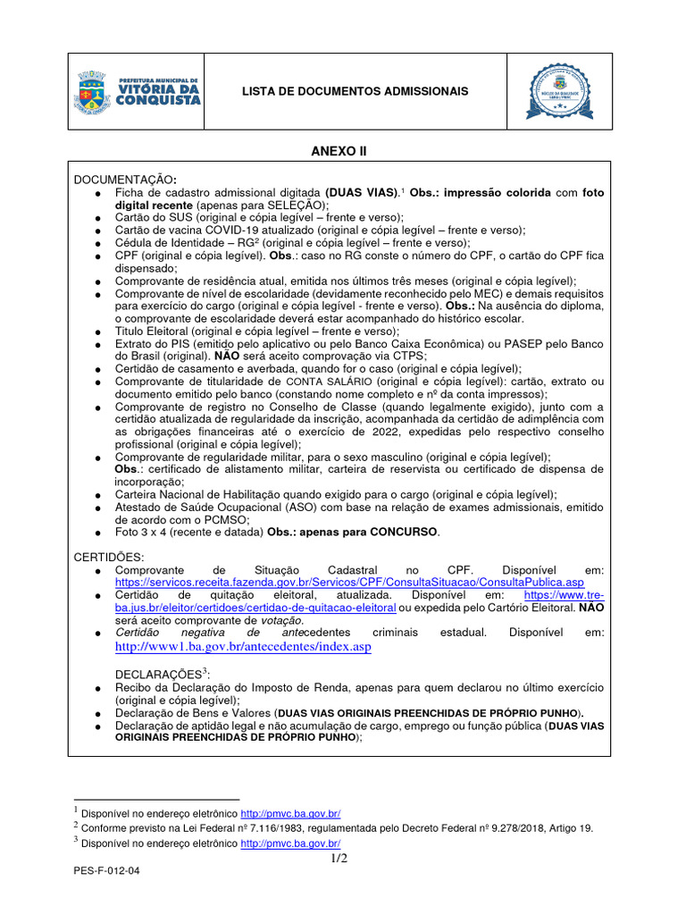 2 Lista de Documentos Admissionais Anexo II 5 | PDF