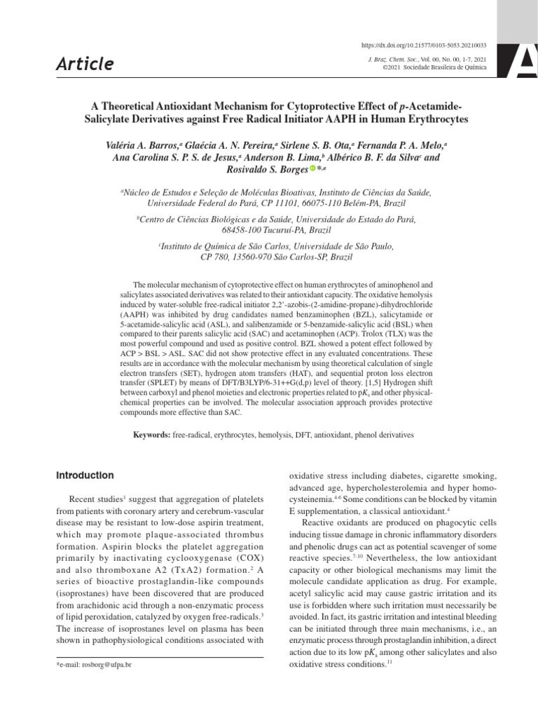 A Theoretical Antioxidant Mechanism For Cytoprotec | PDF | Aspirin ...
