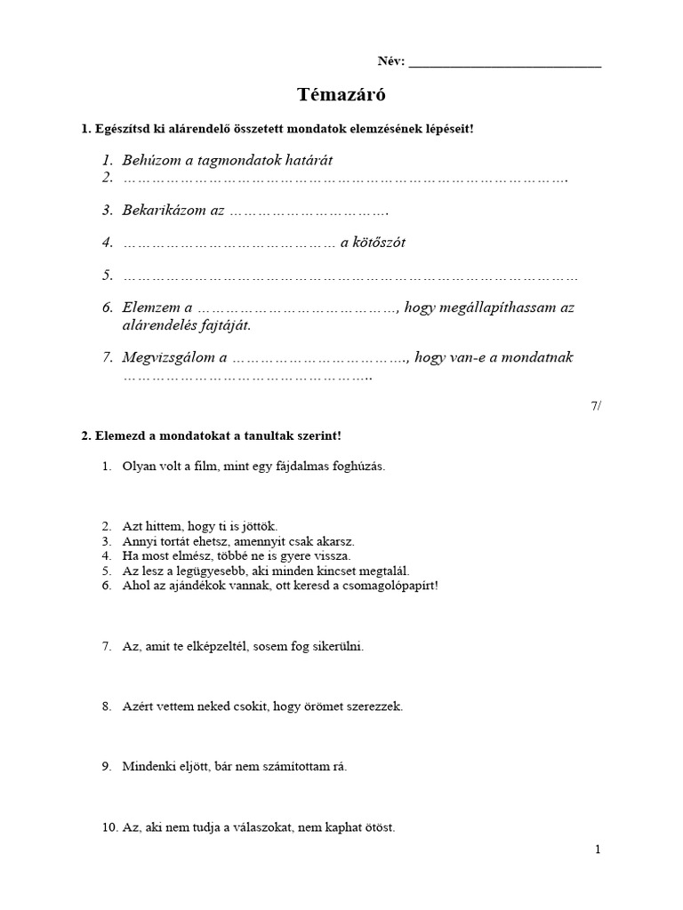 Témazáró: Az Alárendelő Összetett Mondatok Elemzése | PDF