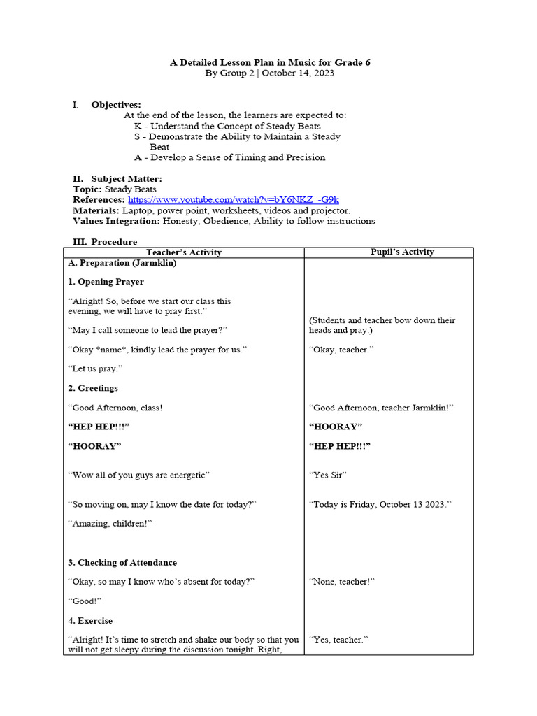 Detailed Lesson Plan in Music 6 | PDF | Lesson Plan | Rhythm