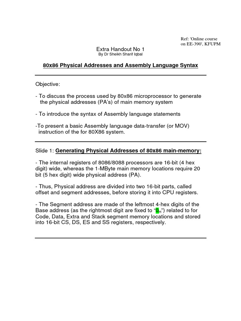 Extra Lecture 4 Pdf Assembly Language Computer Program