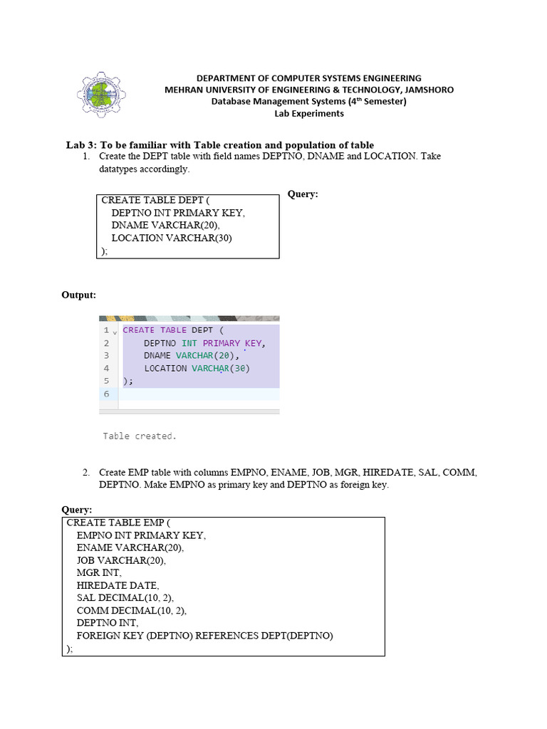 Lab 4 Tasks - Table Creation Solved | PDF | Table (Database) | Data Model Lab 4 Tasks - Table Creation Solved | PDF | Table (Database) | Data Model