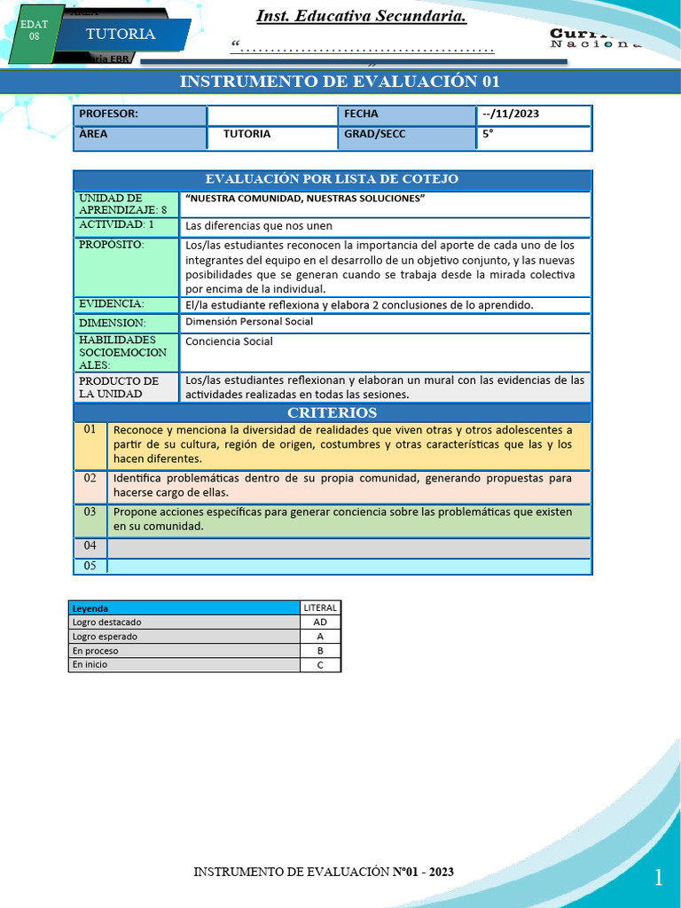 5° LC 1 Tutoria Uni 8 Sem 01 - 2023 | PDF | Evaluación | Cognición