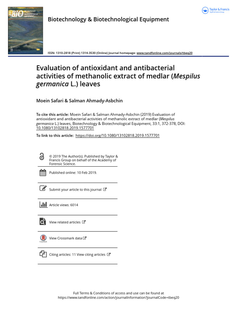 Evaluation of Antioxidant and Antibacterial Activities of Methanolic Extract of Medlar Mespilus ...