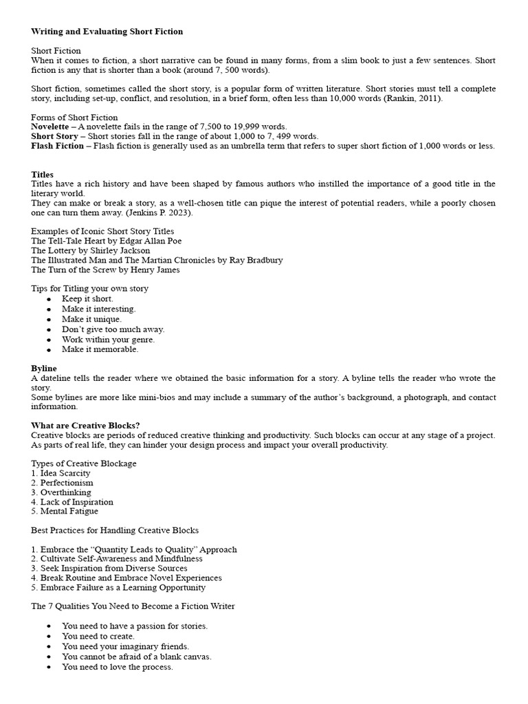 Short Fiction Writing Guide | PDF | Play (Theatre) | Plot (Narrative)