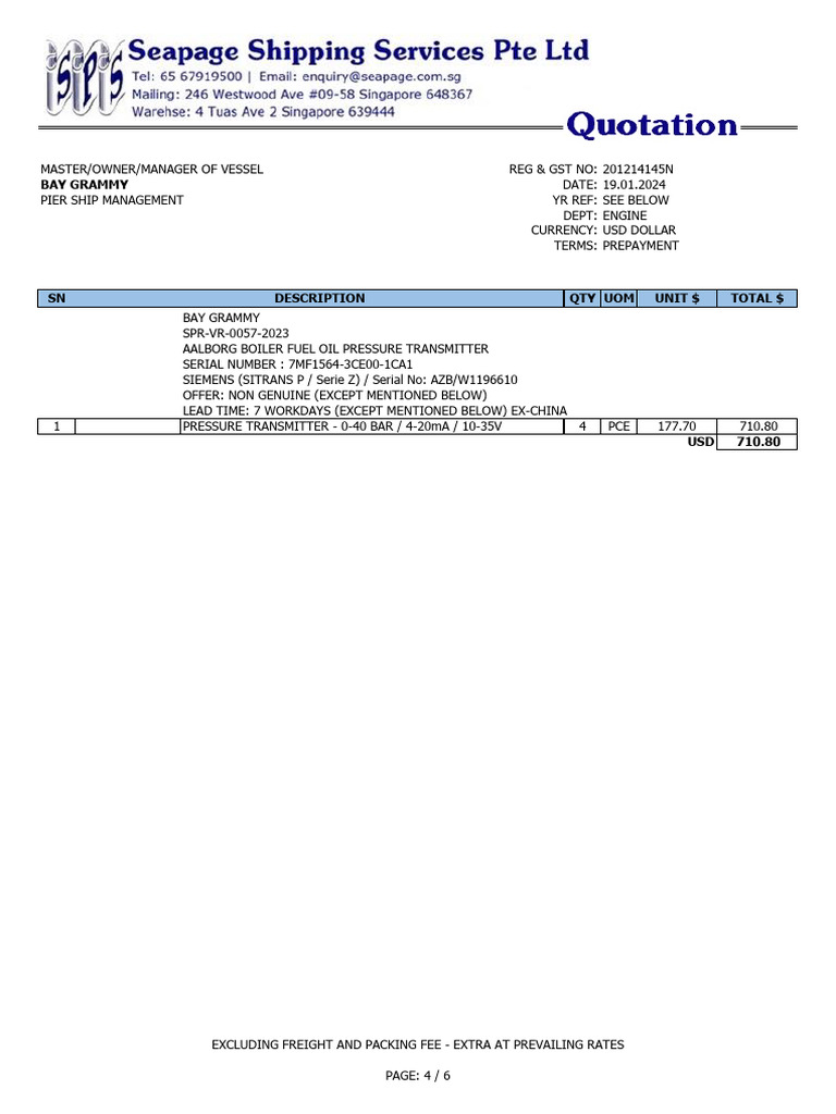 Quotation For Spr-Vr-57 Bay Grammy - 19.01.2024 | PDF