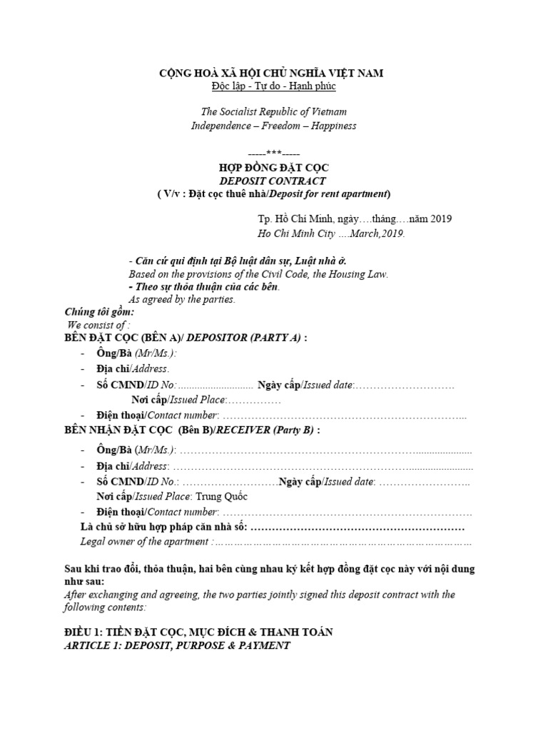 Mau Hop Dong Dat Coc Tien Thue Nha Song NG | PDF