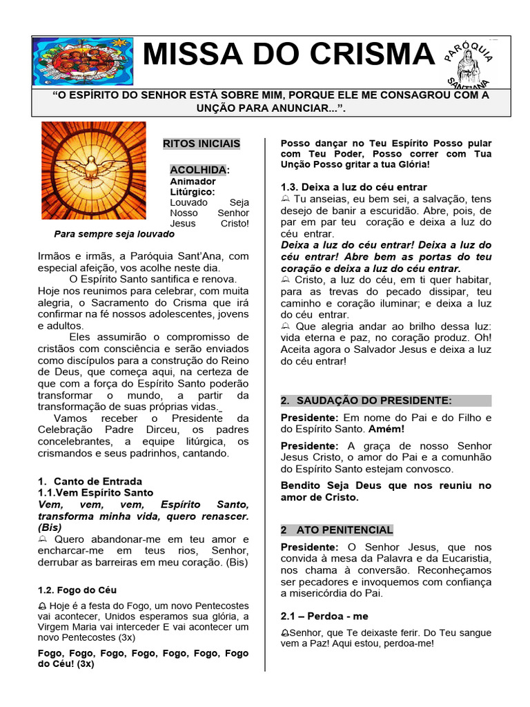 Folheto - Missa Da Crisma 2019 | Download grátis PDF | Eucaristia | Espírito Santo (religião)