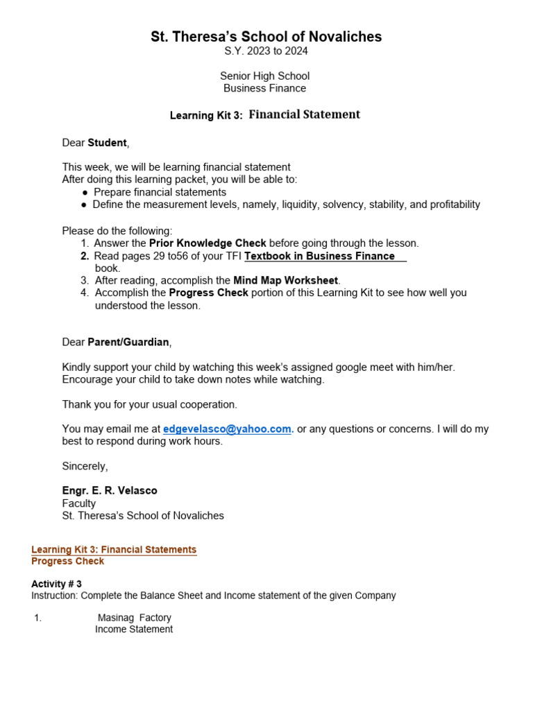 Financial Statement Learning Kit 3 | PDF | Balance Sheet | Expense