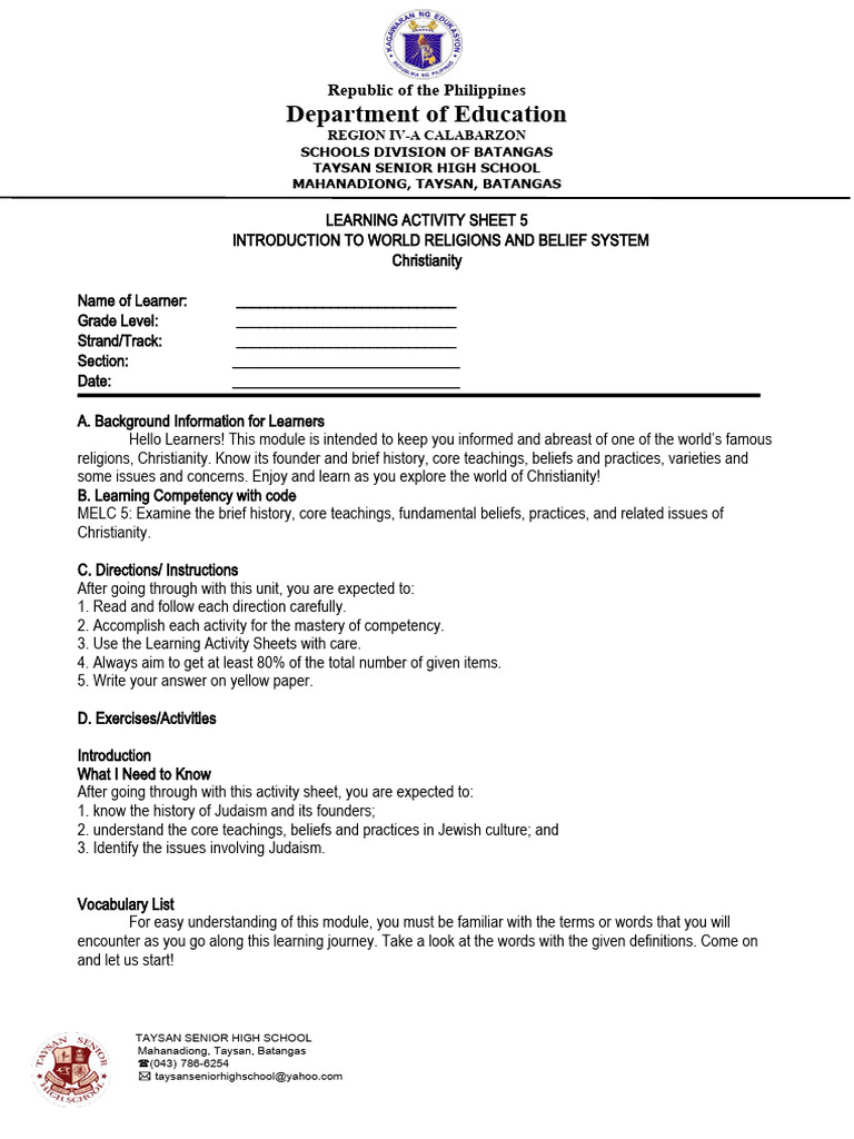 Learning Activity Sheets IWRBS Week 5 1 | PDF | Jesus | Sacraments