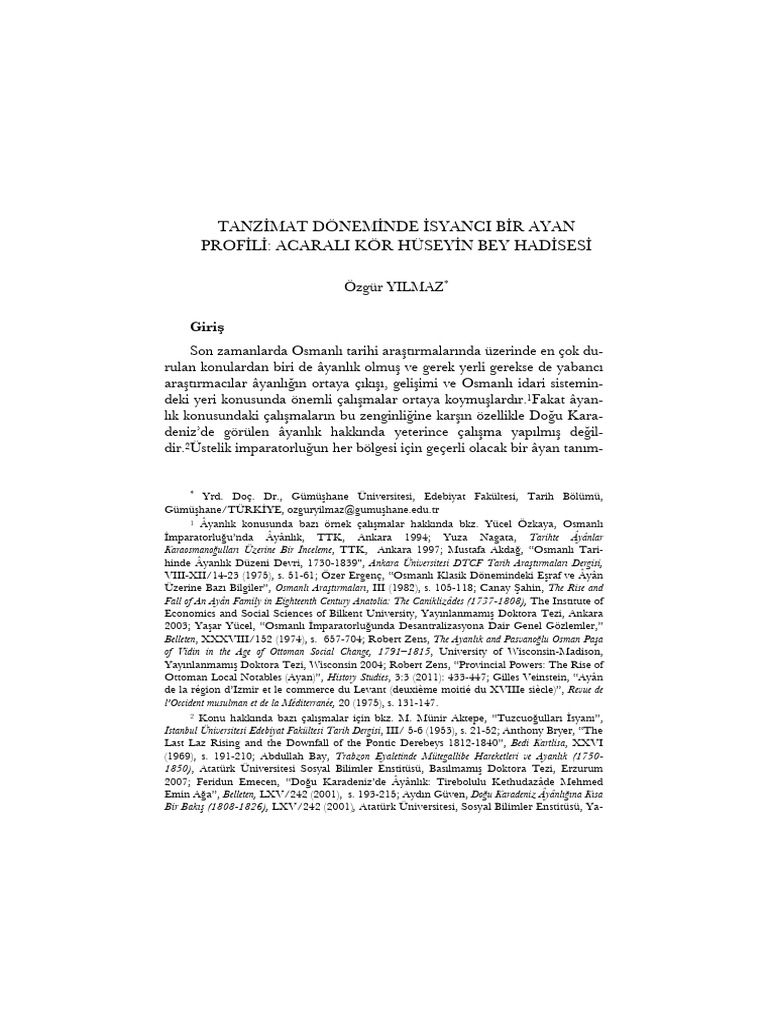 Tanzimat Döneminde İsyanci Bir Ayan Profili: Acarali Kör Hüseyin Bey Hadisesi | PDF