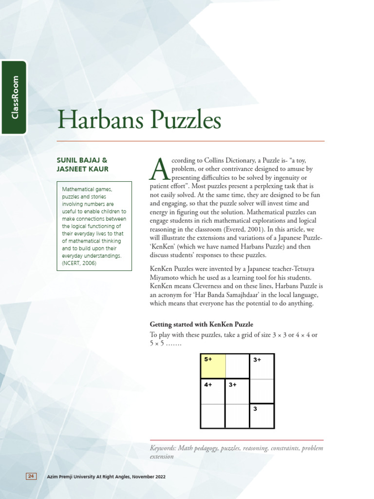 05 Harbans Puzzles - Classroom | PDF | Elementary Mathematics ...