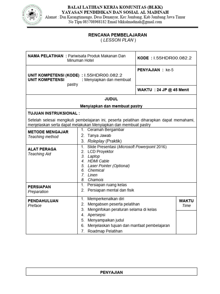 5.lesson Plan I.55HDR00.082.2 Menyiapkan Dan Membuat Pastry | PDF