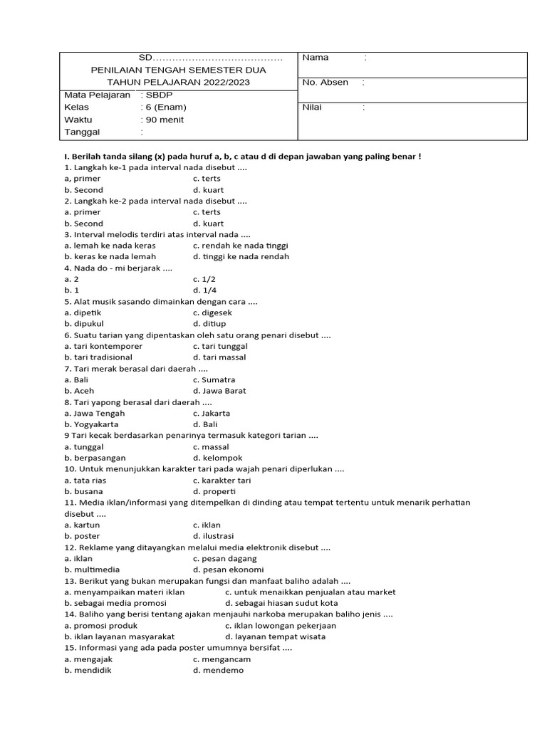 Pts Dan Kunci Jawab Kelas 6 SBDP | PDF | Seni