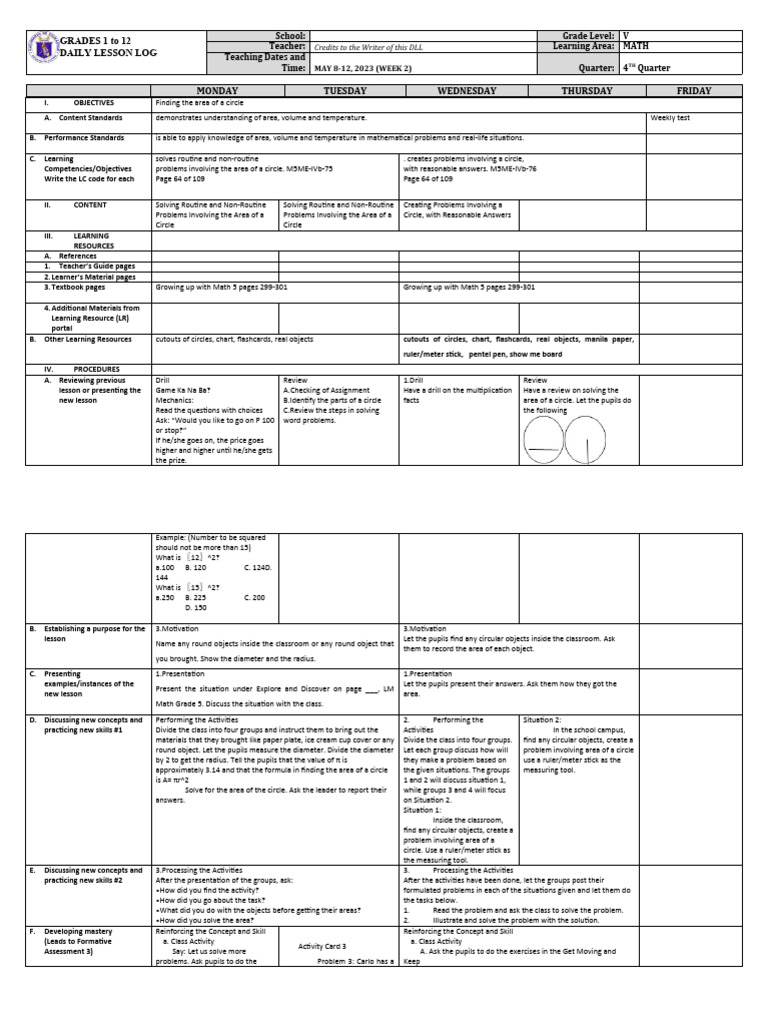 Grade 5 DLL MATH 5 Q4 Week 2 | PDF | Area | Circle