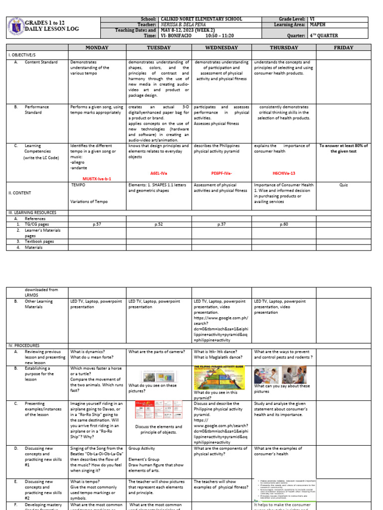 DLL - Mapeh 6 - Q4 - W2 | PDF | Concept | Learning