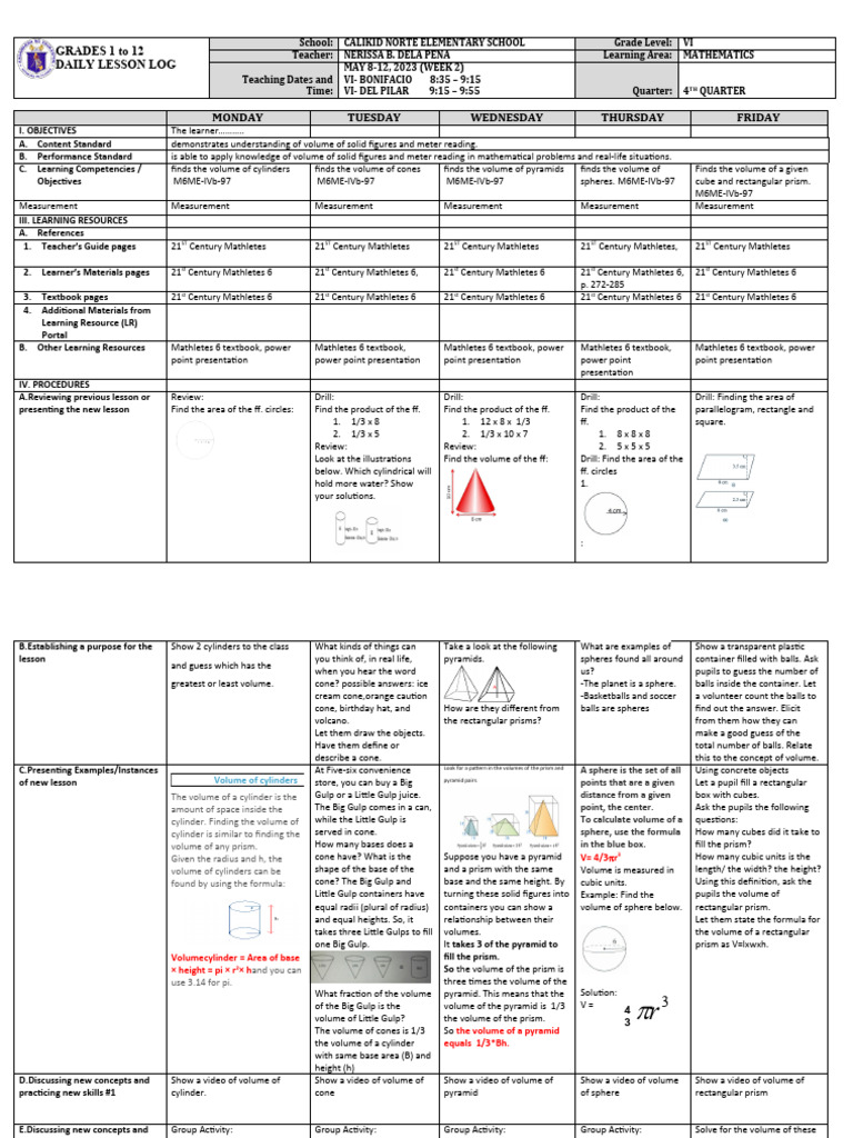 Composite Volume Lesson Plan | PDF | Volume | Sphere