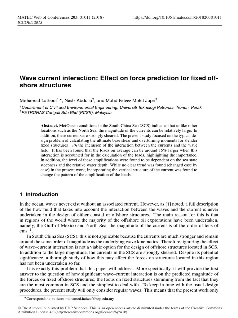 Wave Current Interaction Effect On Force Prediction For Fixed Offshore Structures Matecconf